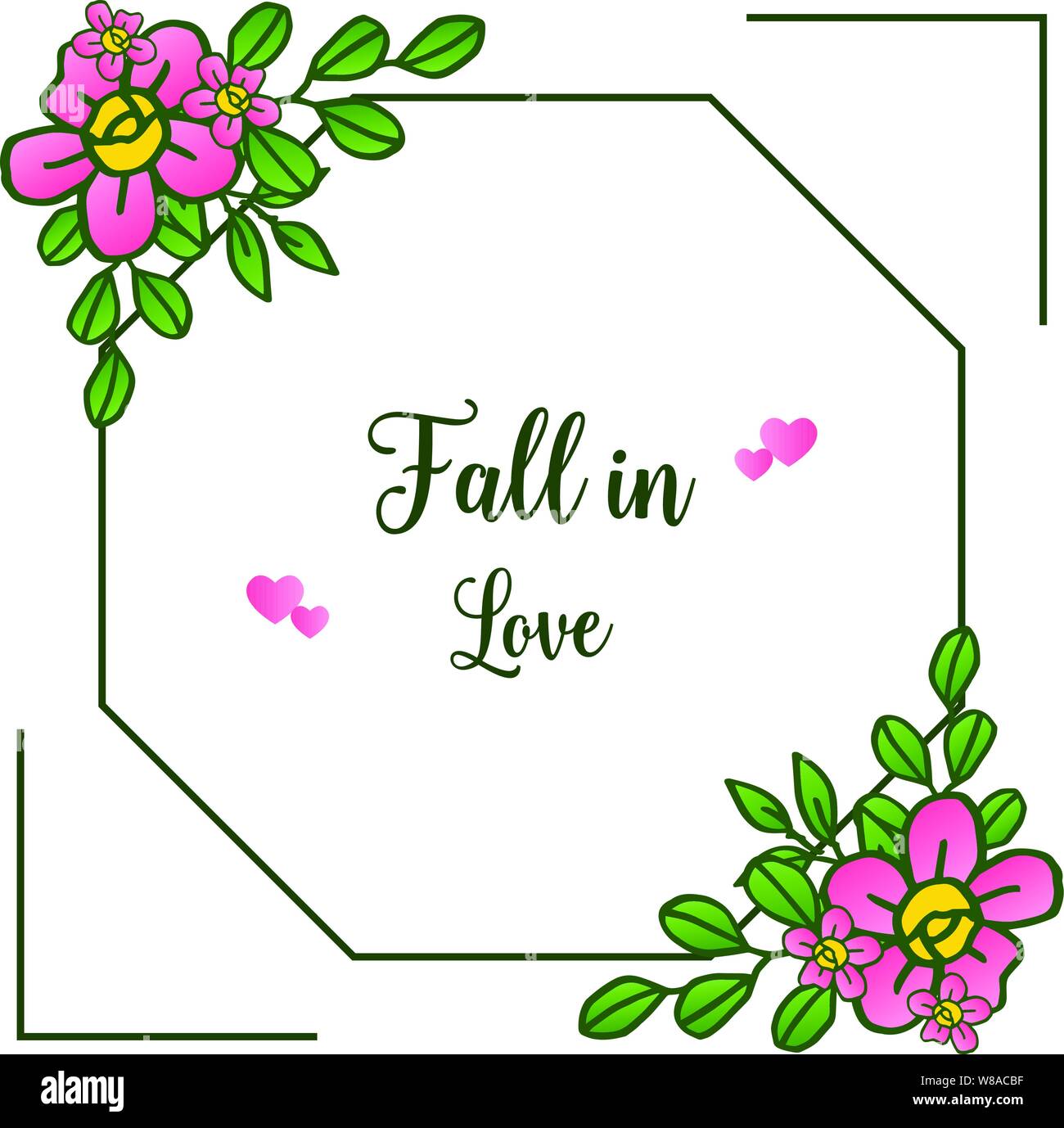 Letter fall in love, with decor of frame, for plant of green leaves and ...