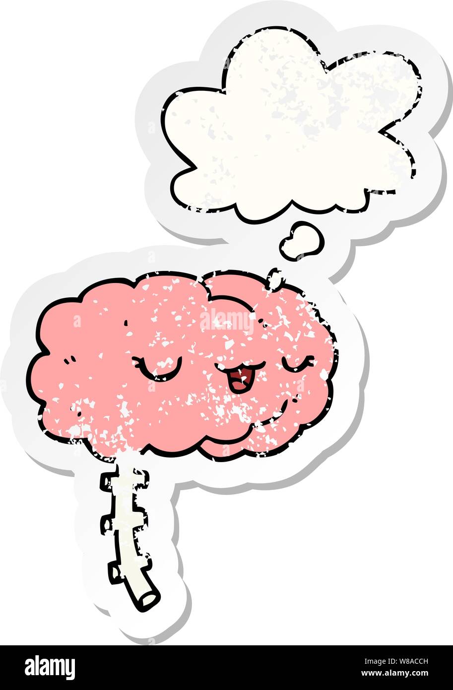 happy cartoon brain with thought bubble as a distressed worn sticker ...