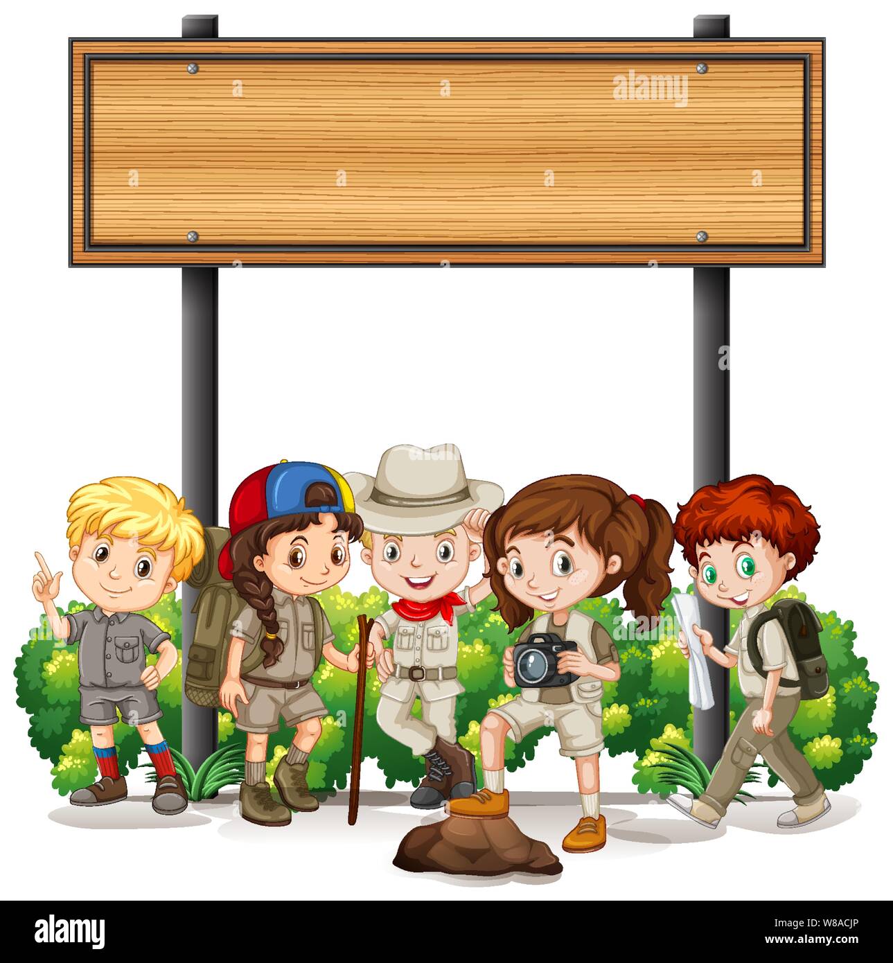 Banner template design with kids under wooden sign illustration Stock ...