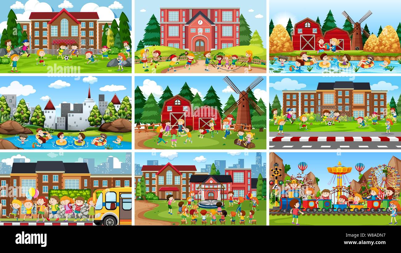 Set of scenes in nature setting illustration Stock Vector Image & Art ...