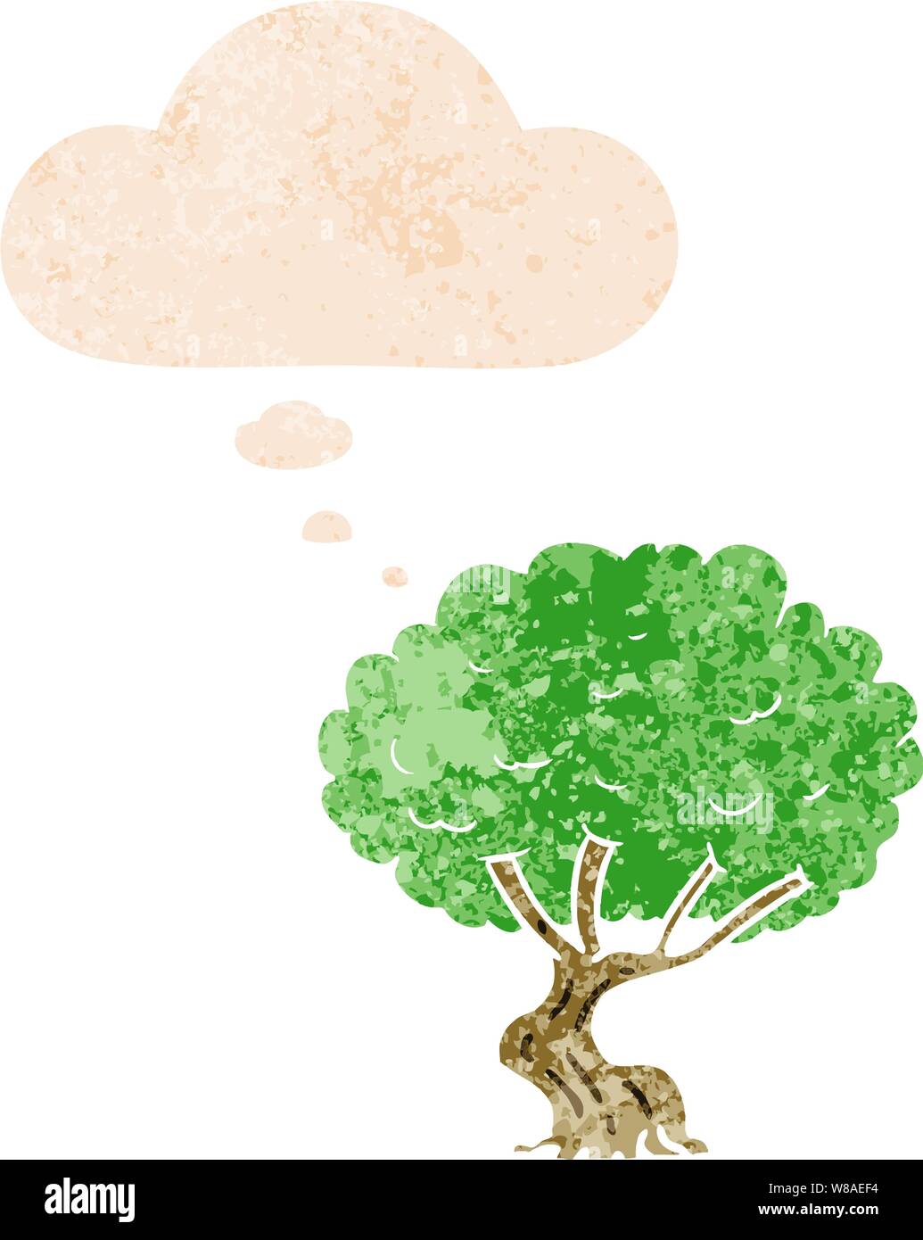 cartoon tree with thought bubble in grunge distressed retro textured ...