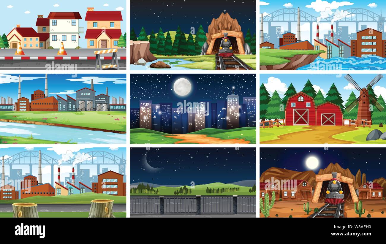 Set of scenes in nature setting illustration Stock Vector Image & Art ...