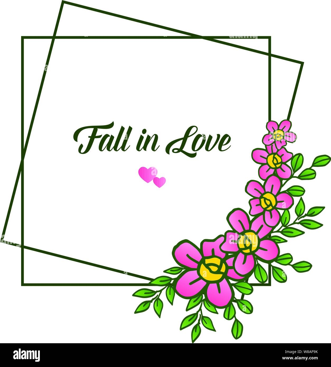 Letter fall in love, with decor of frame, for plant of green leaves and ...