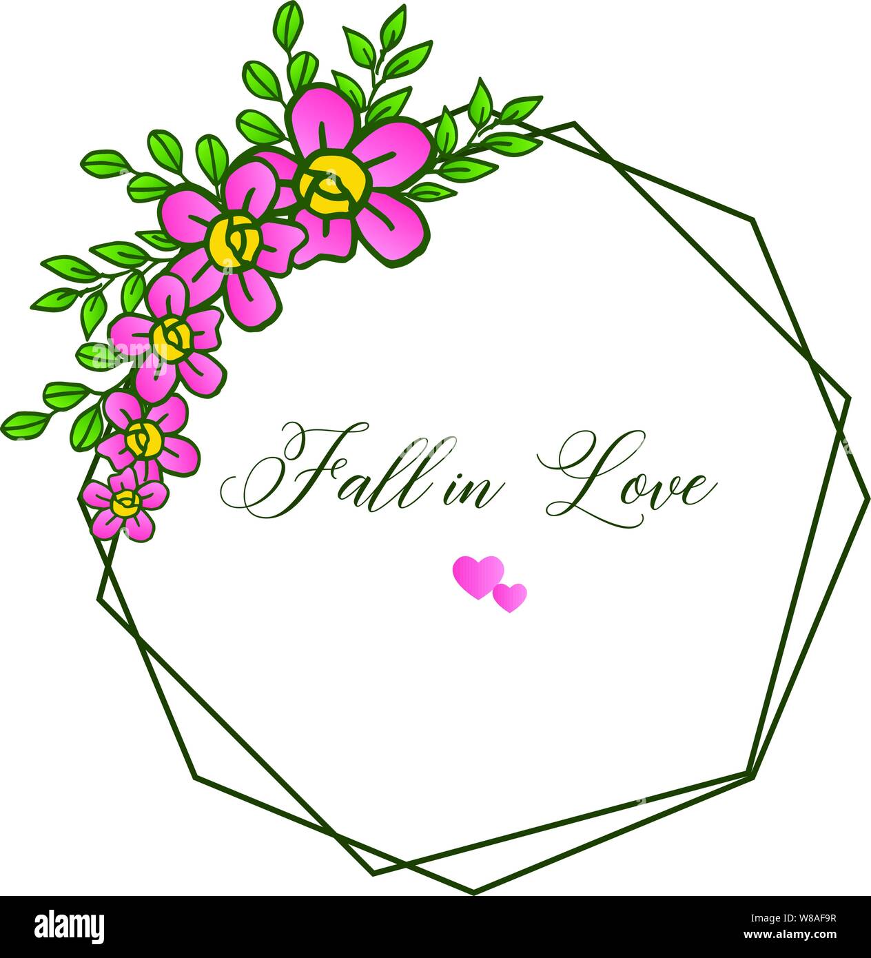 Letter fall in love, with decor of frame, for plant of green leaves and ...