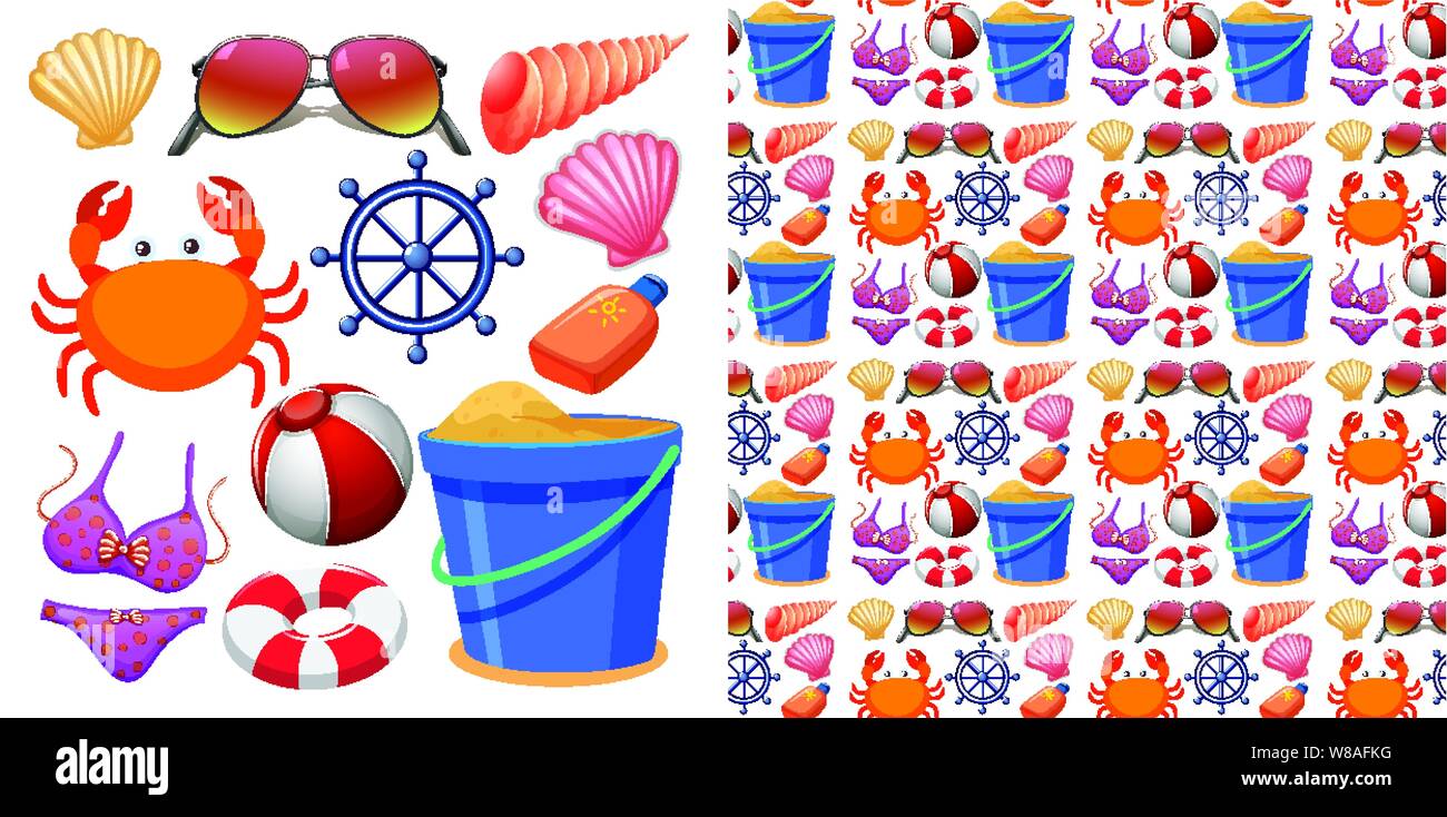 Seamless background design with isolated set of beach objects ...