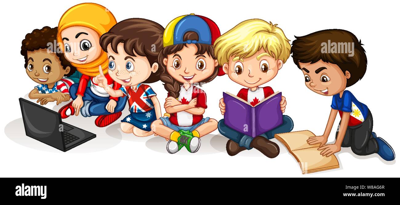 Happy children reading and working on computer illustration Stock ...