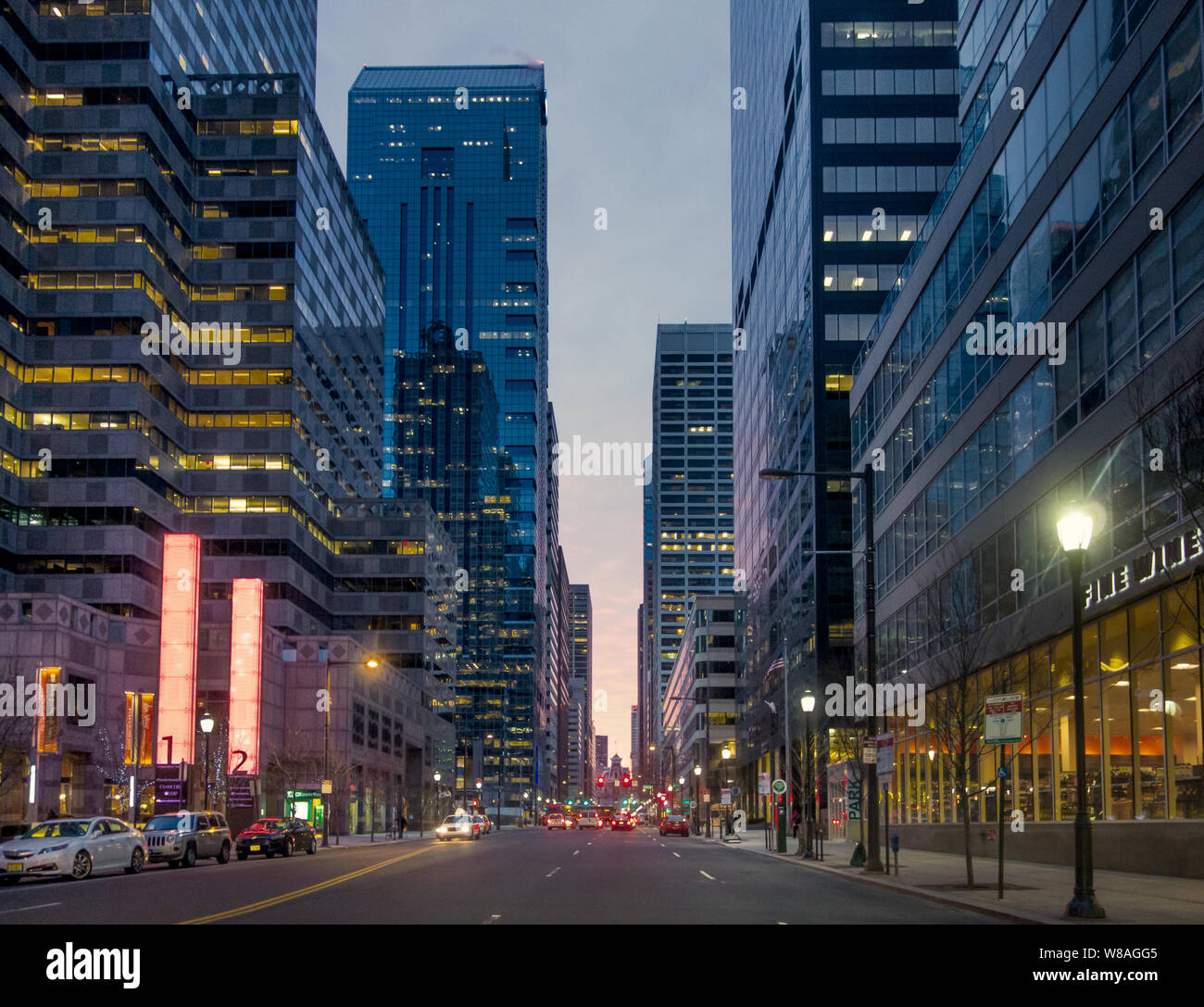 street view in center city Philadelphia on 18th and Market at twilight ...