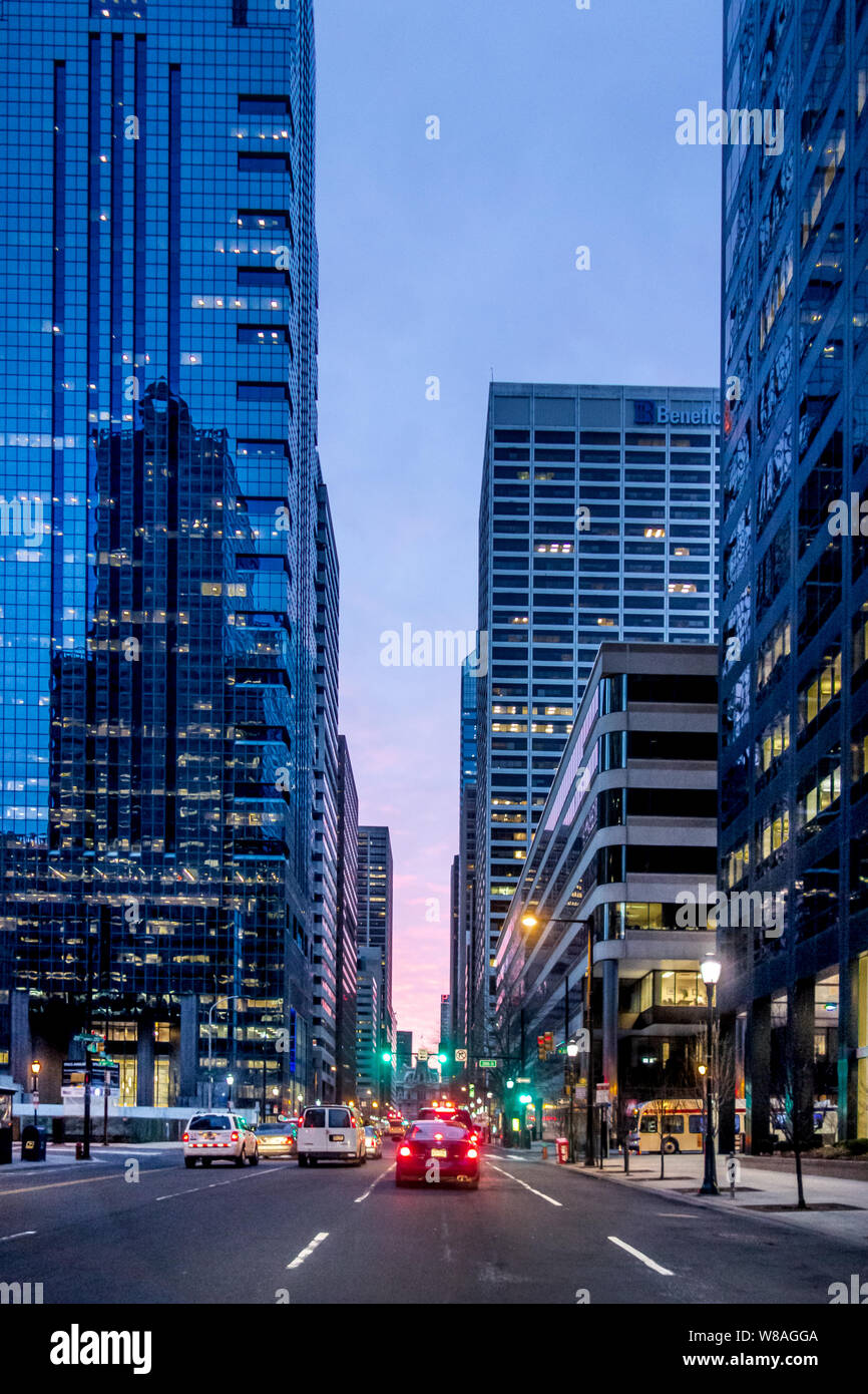 street view in center city Philadelphia on 18th and Market at twilight ...