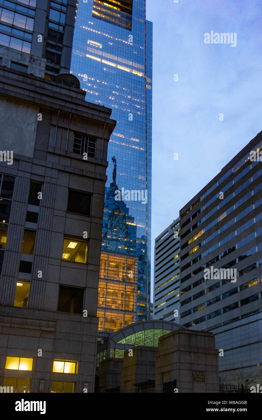 reflection of Liberty One in sky scraper, street view in center city ...