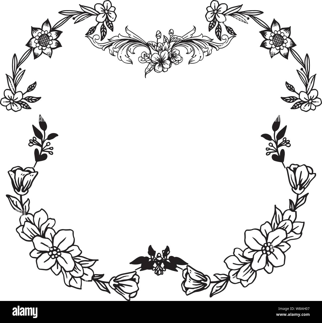 Style drawing of wreath frame, black line art on white background ...