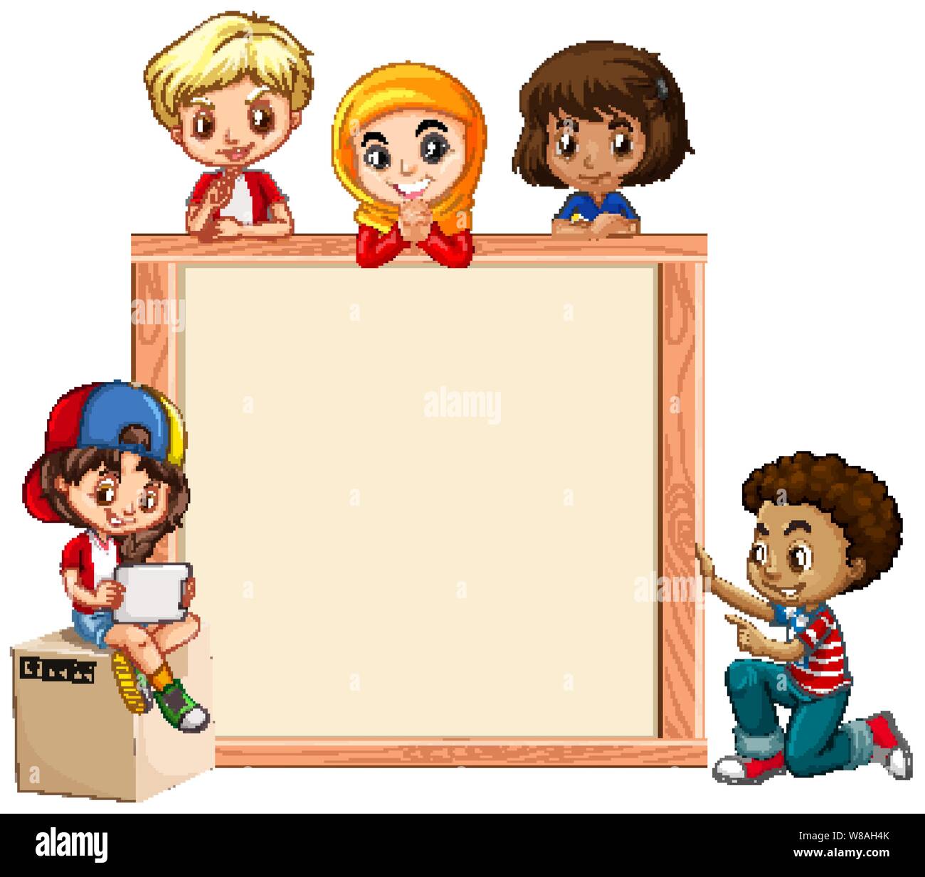 Frame template with happy kids on wooden board illustration Stock ...