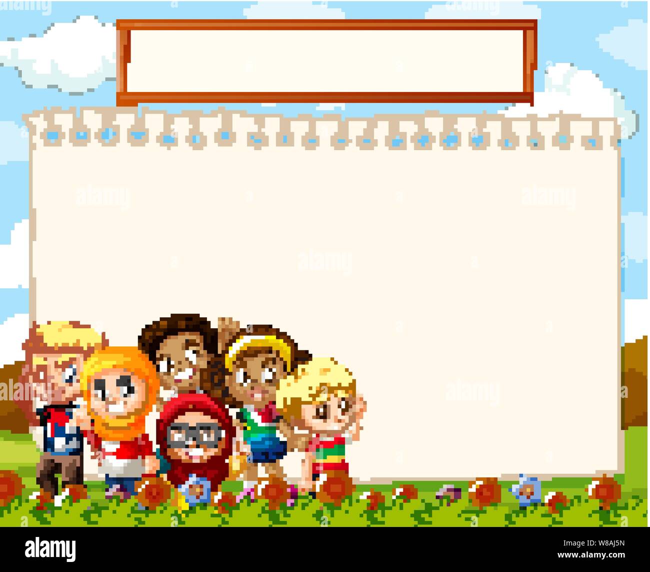 Blank sign template with kids on grass illustration Stock Vector Image ...