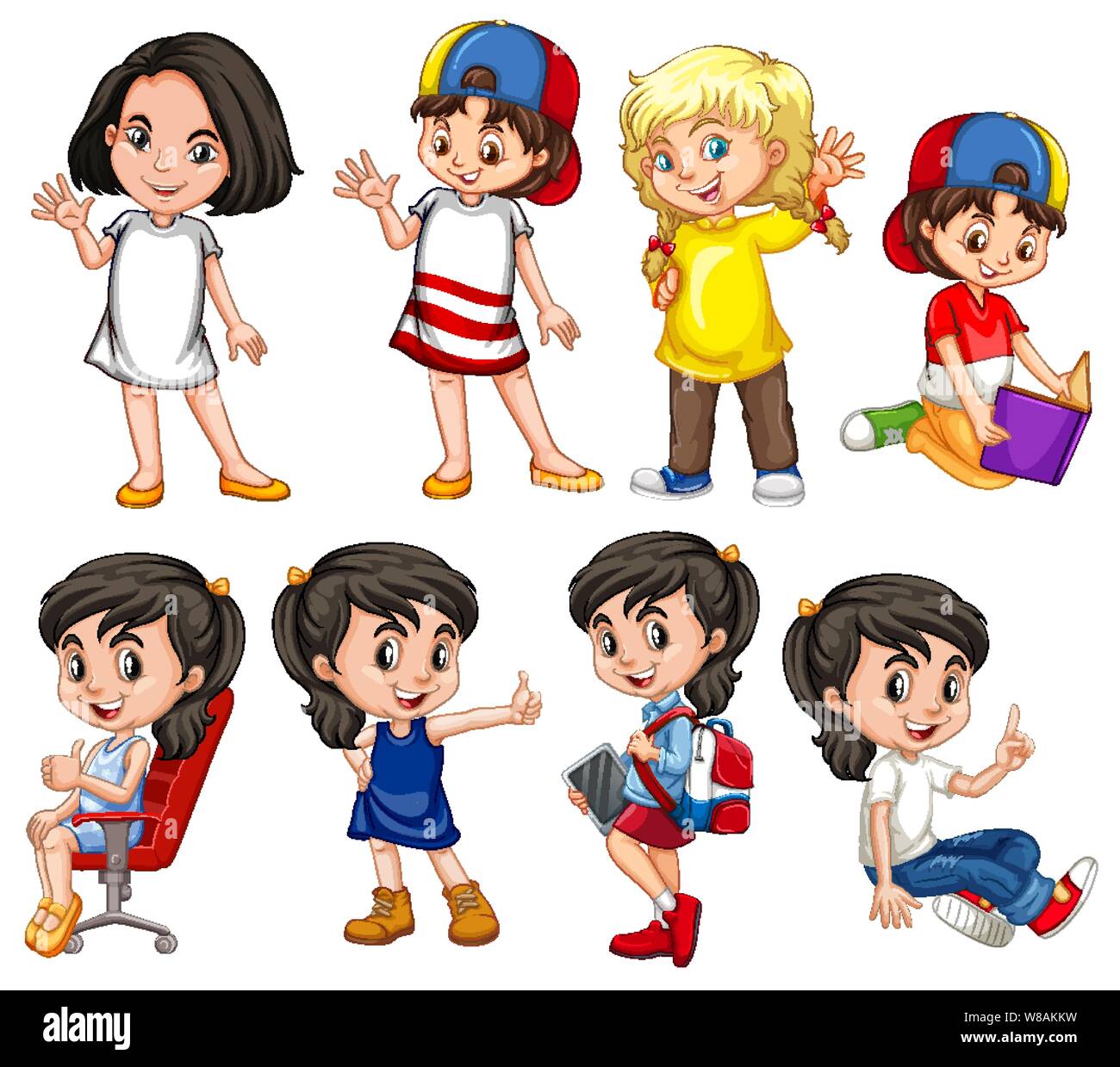 Girls with happy face doing in different actions illustration Stock ...