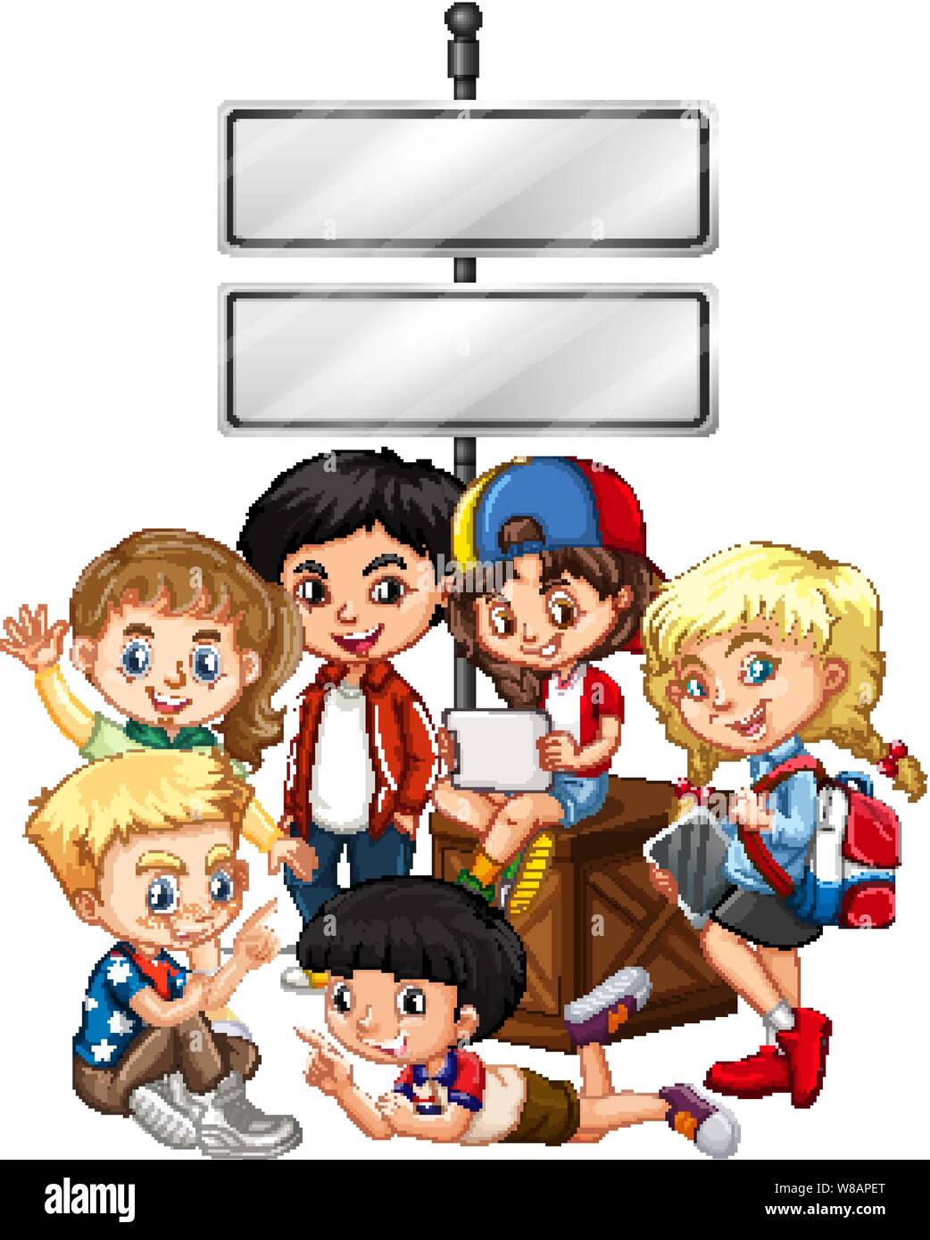 Blank sign template with kids and wooden box illustration Stock Vector ...