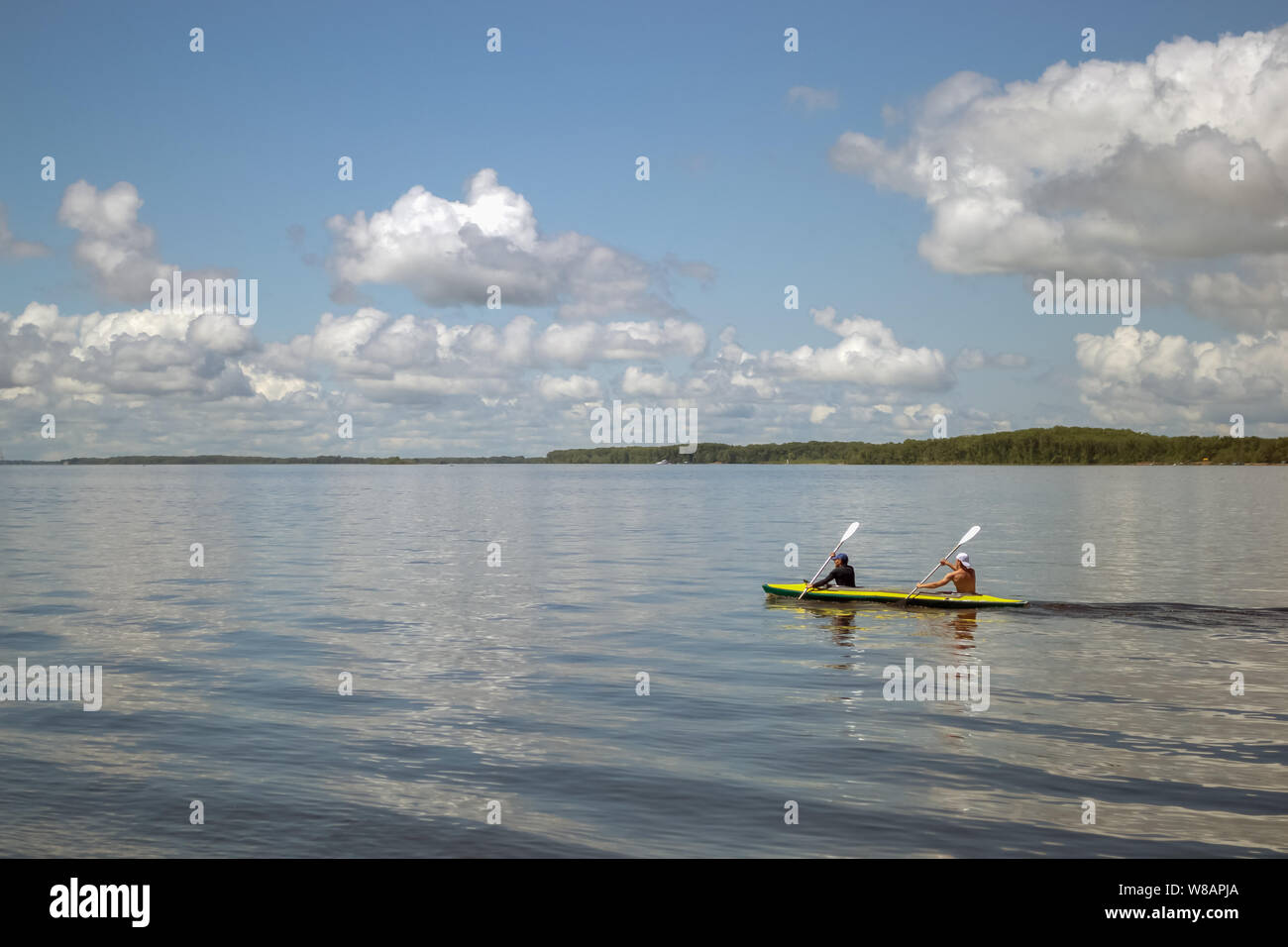 2017-06-12 Samara, Russia. Two rowers in a canoe kayak boat floating on ...