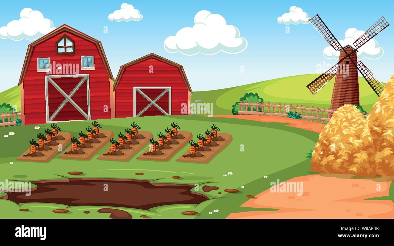 Farm scene in nature with barn illustration Stock Vector Image & Art ...