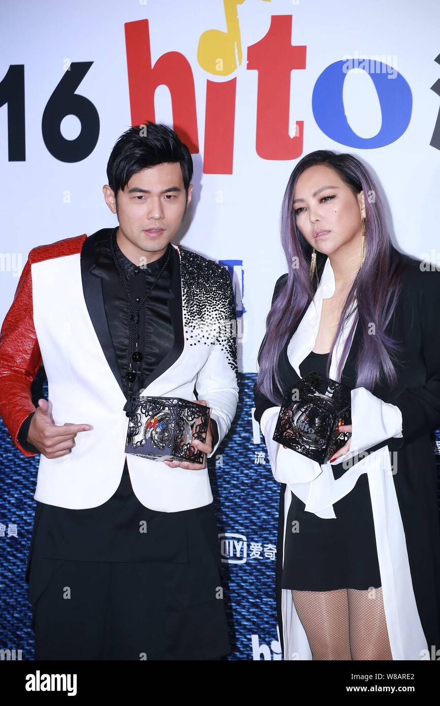 Taiwanese singers A-Mei or Chang Hui-mei, right, and Jay Chou pose with ...