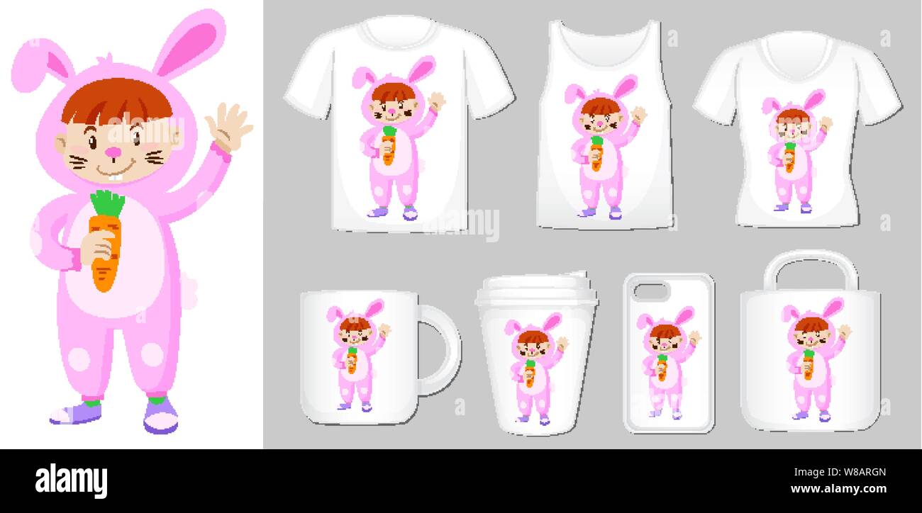 Graphic of girl in bunny costume on different types of product template ...