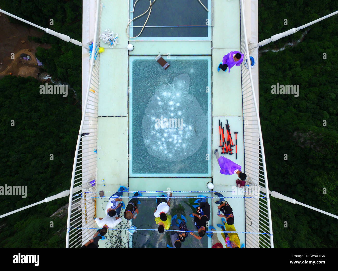 An aerial view of the cracked glass smashed by visitors during a safety ...