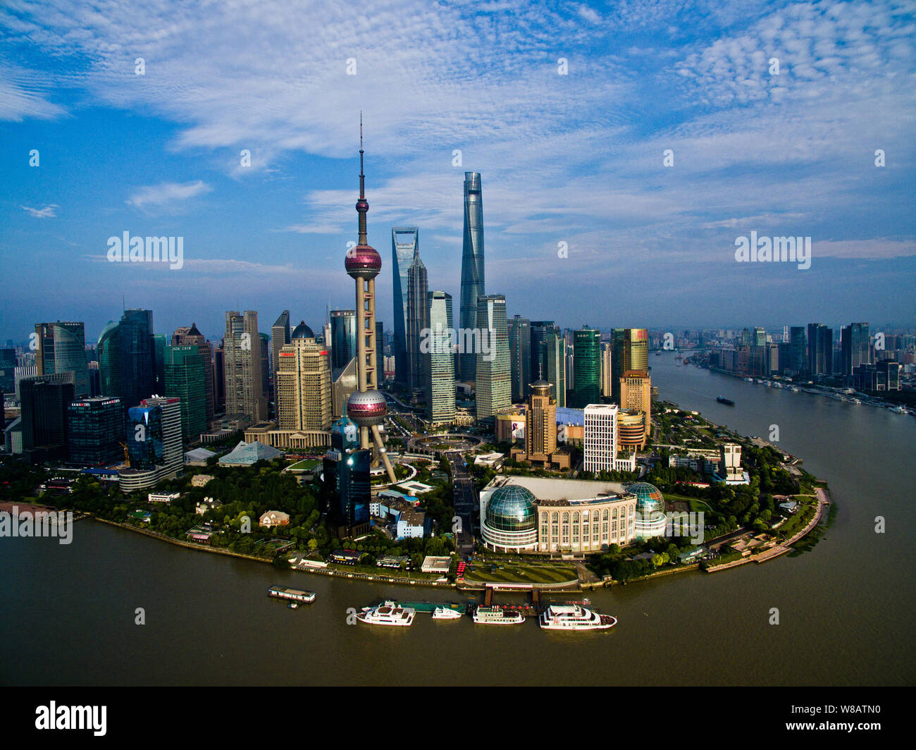 Skyline of Puxi, Huangpu River and the Lujiazui Financial District with ...