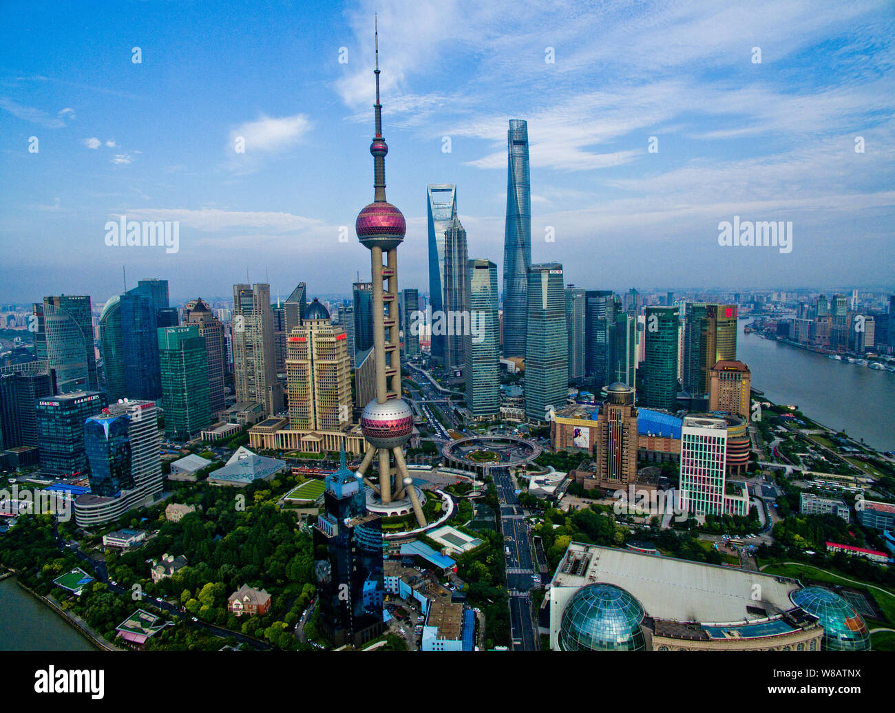 Skyline of the Lujiazui Financial District with the Oriental Pearl TV ...