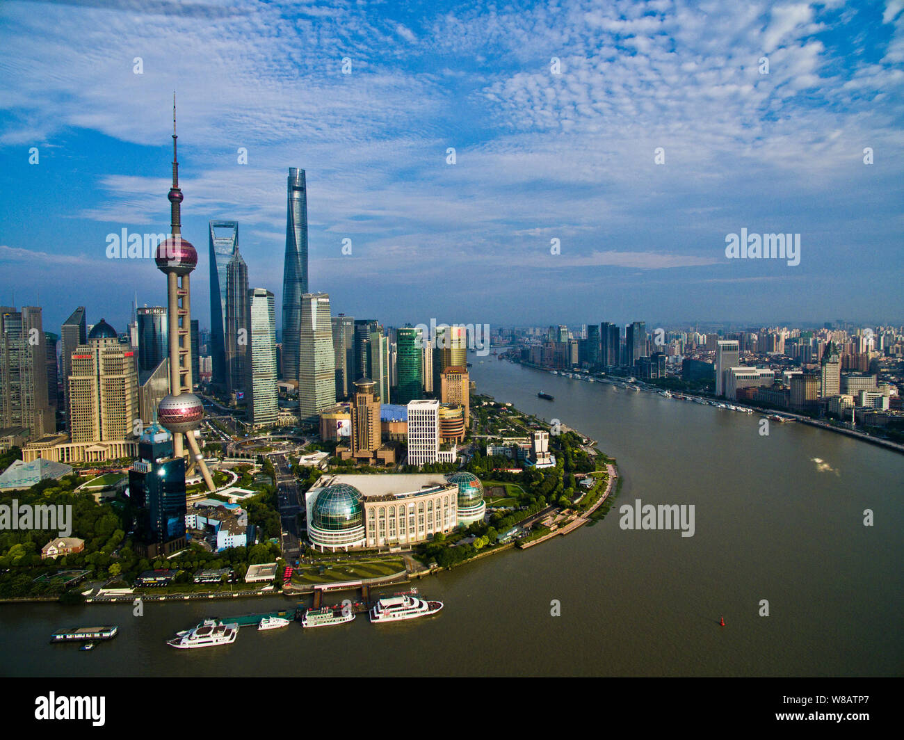 Skyline of Puxi, Huangpu River and the Lujiazui Financial District with ...