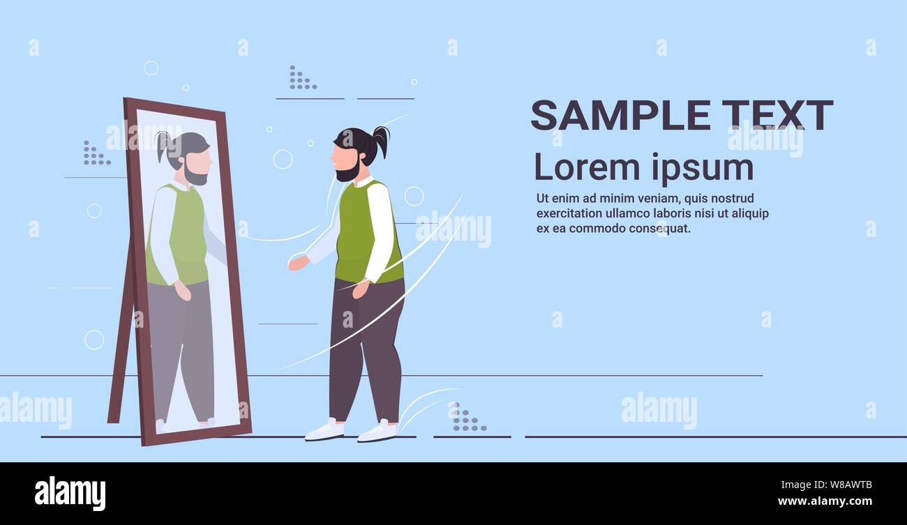 sad overweight man looking at reflection in mirror fat obese guy ...