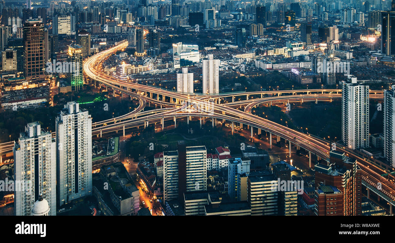--FILE--Night view of the crossings of elevated highways in Shanghai ...