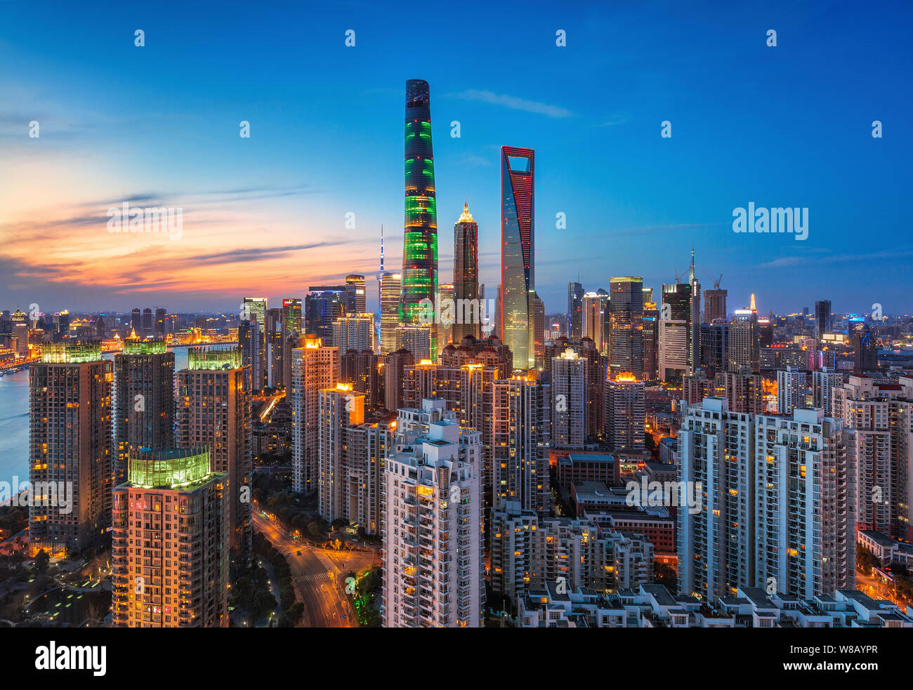 --FILE--Night view of the Lujiazui Financial District with the Shanghai ...