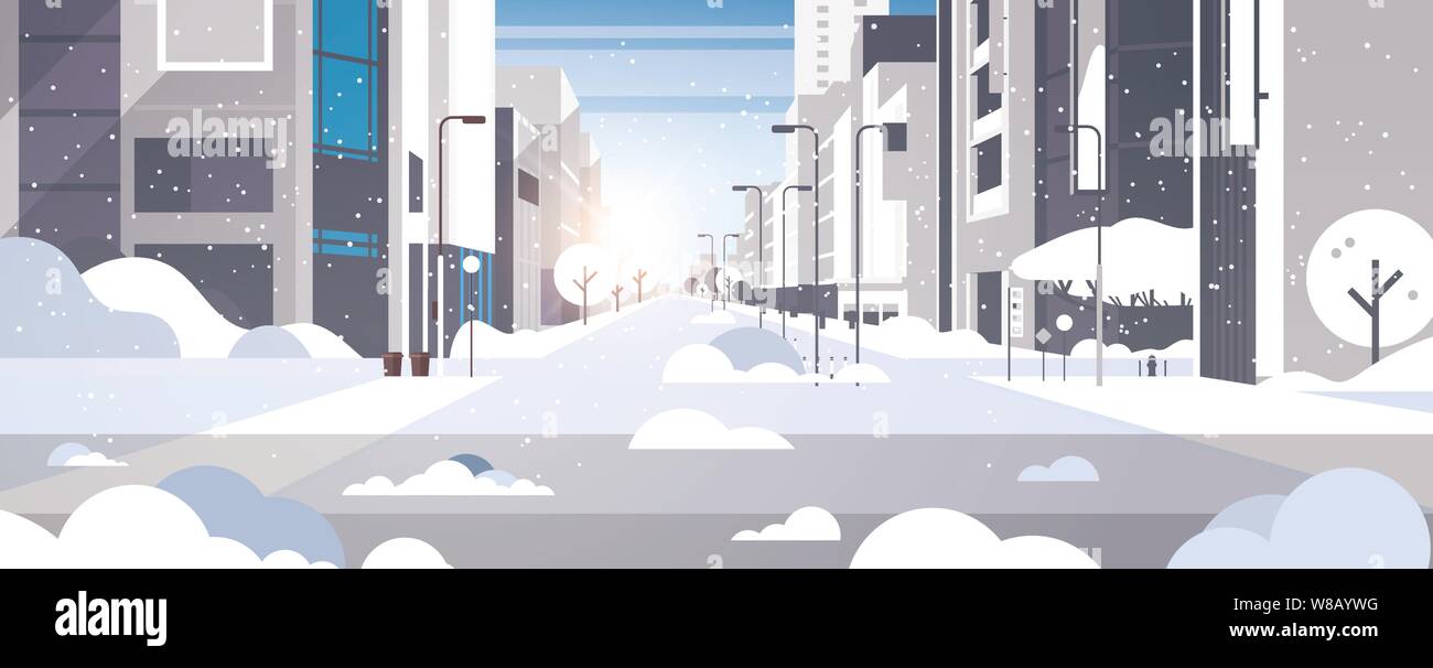winter city snowy downtown street with skyscrapers business buildings ...