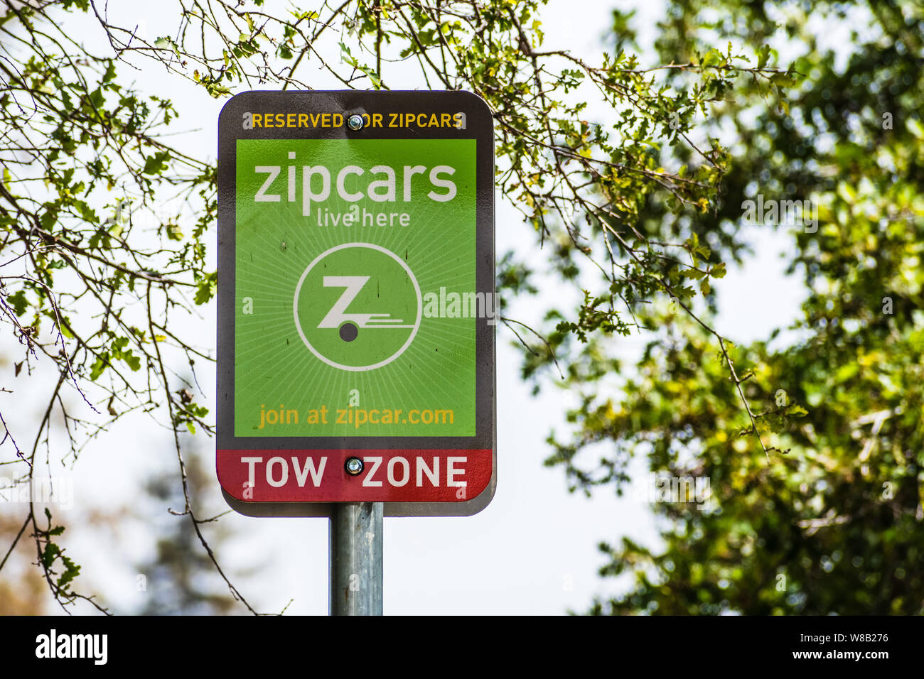 August 8, 2019 Palo Alto / CA / USA - Zipcars reserved parking sign in ...