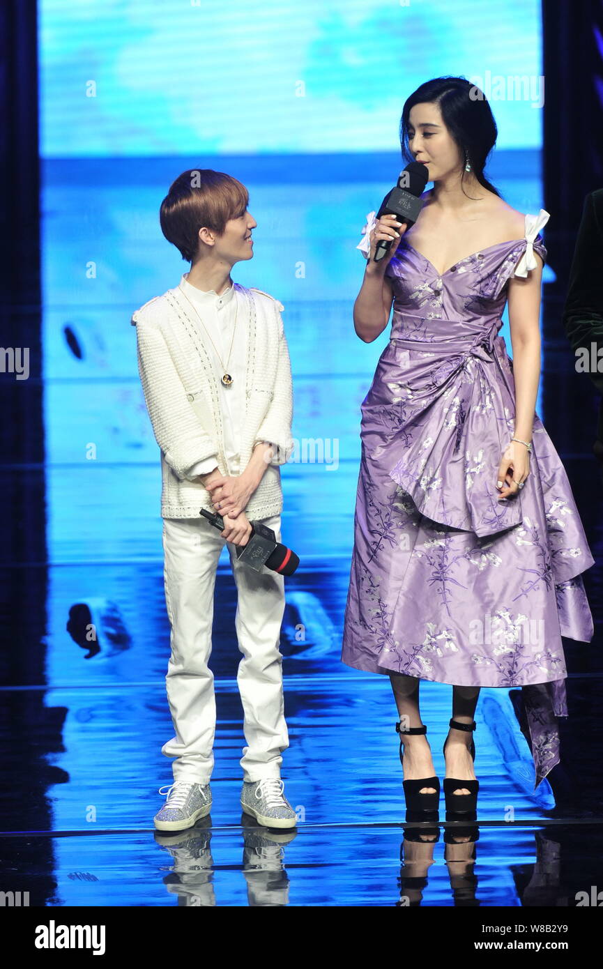 Chinese actress Fan Bingbing, right, and writer Guo Jingming attend a ...