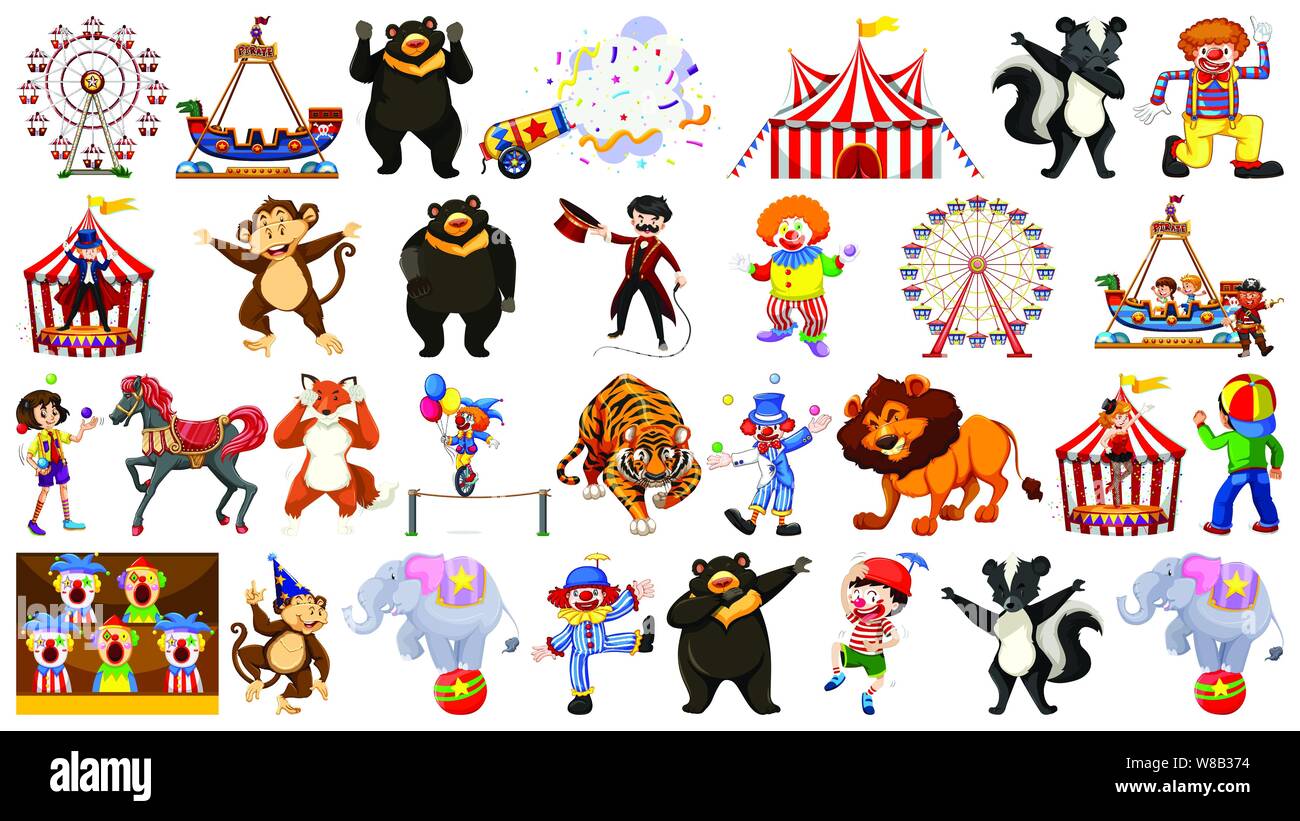 Circus set with animals rides and clowns on isolated background ...