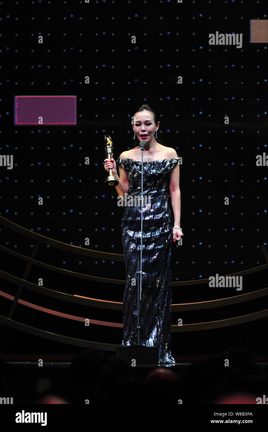 Taiwanese singer Julia Peng speaks after winning her trophy for the ...