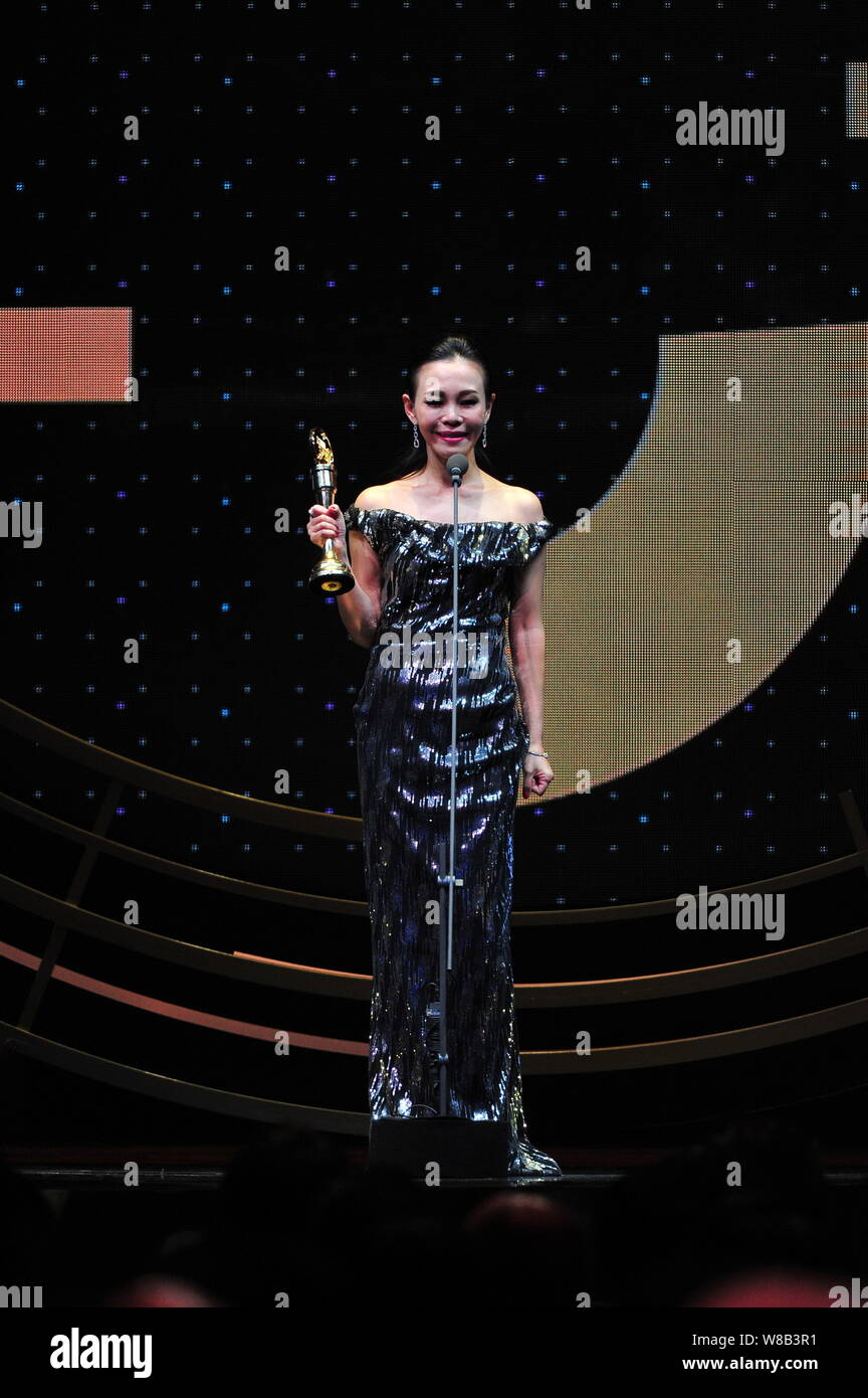 Taiwanese singer Julia Peng speaks after winning her trophy for the ...