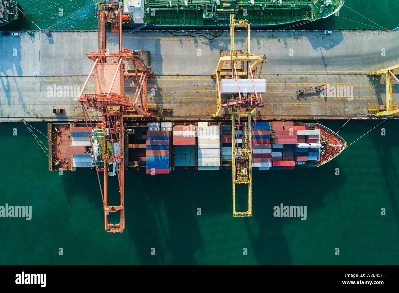 Aerial view sea port Container cargo loading ship in import export ...