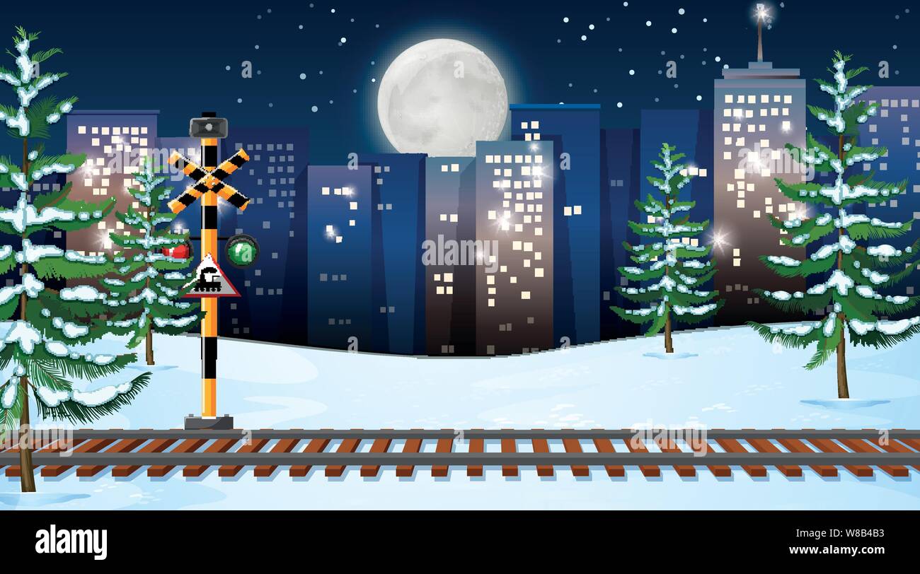 Snow scene with train tracks at night illustration Stock Vector Image ...