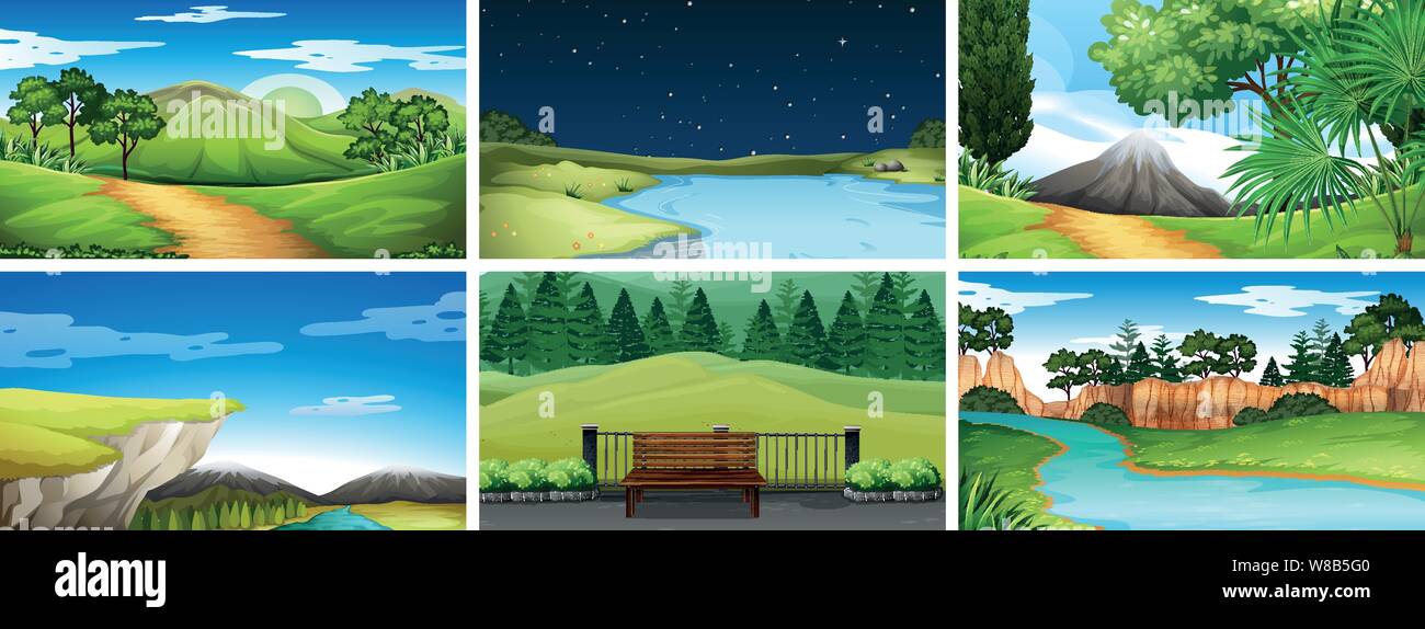 Set of day and night scenes in nature illustration Stock Vector Image ...