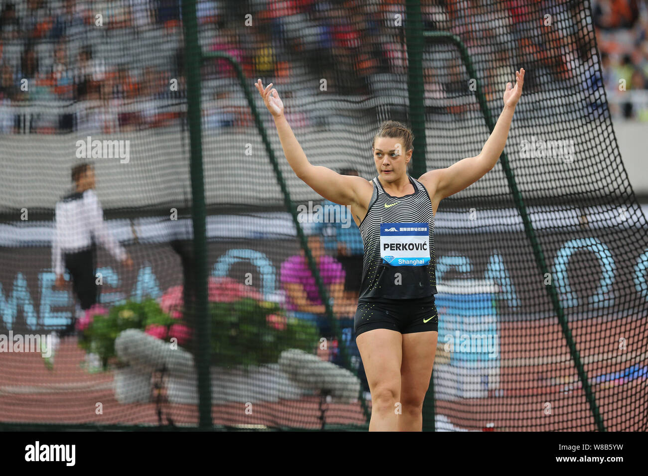 Sandra Perkovic of Croatia reacts in the women's discus throw during ...