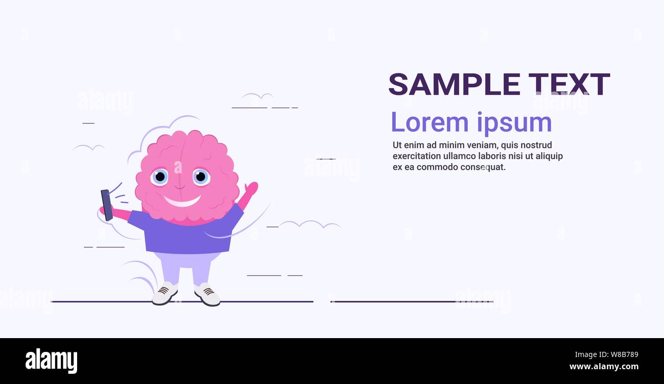 cute human brain taking selfie photo pink cartoon character using ...