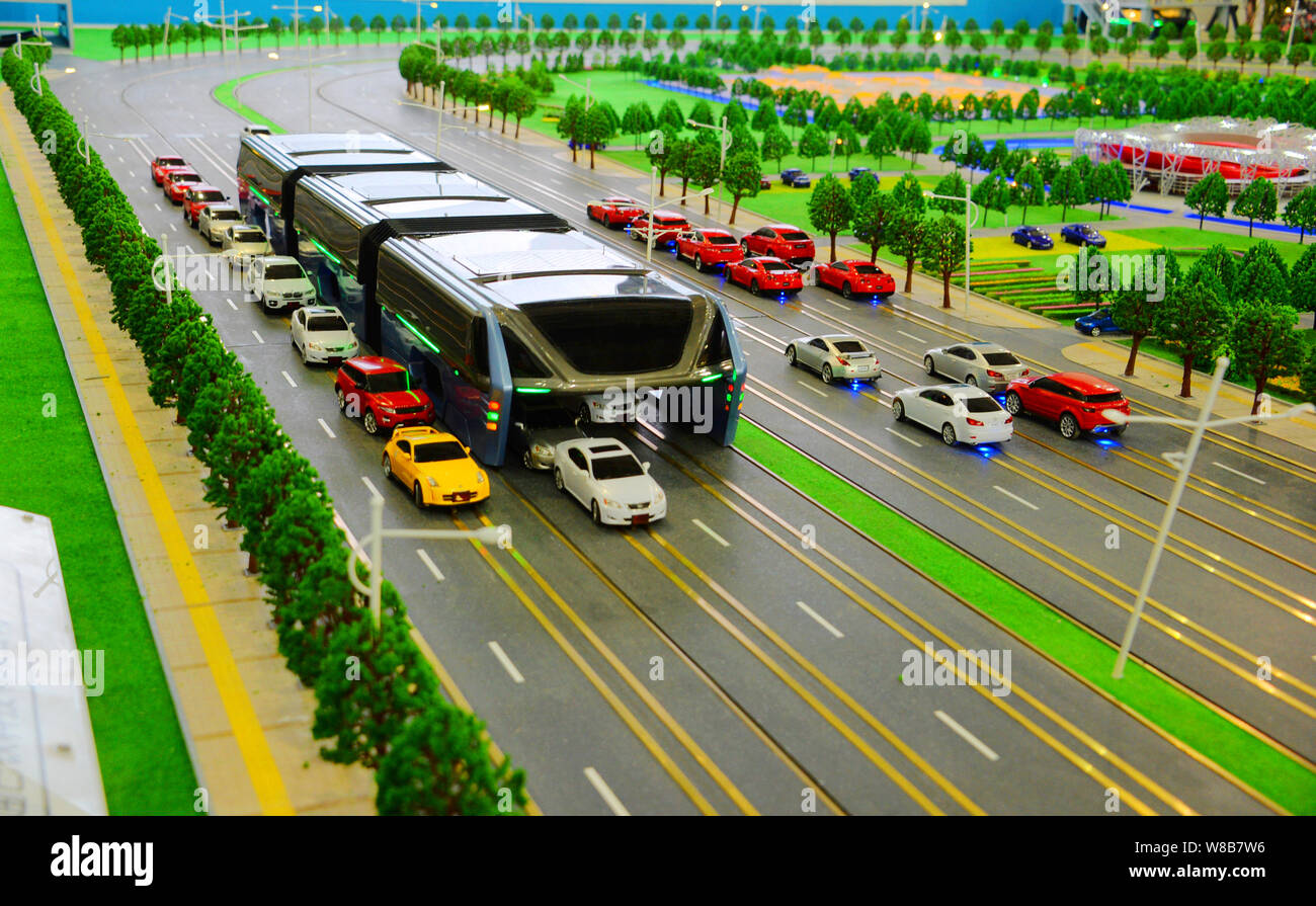 A model of the 'Transit Elevated Bus' is on display during the 19th ...