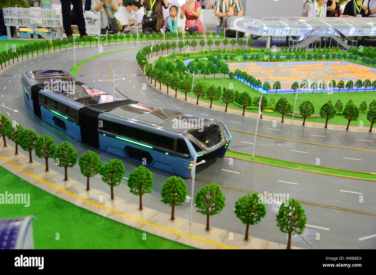 A model of the 'Transit Elevated Bus' is on display during the 19th ...