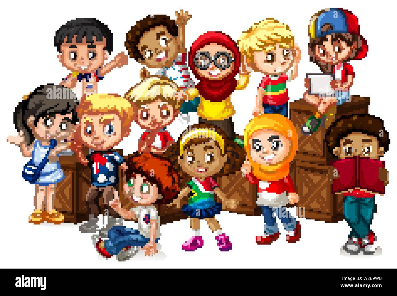 Many kids sitting on wooden boxes illustration Stock Vector Image & Art ...