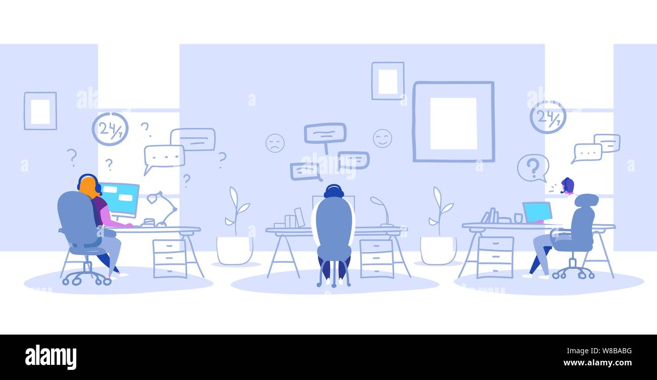 agents sitting at workplace desks call center support service ...