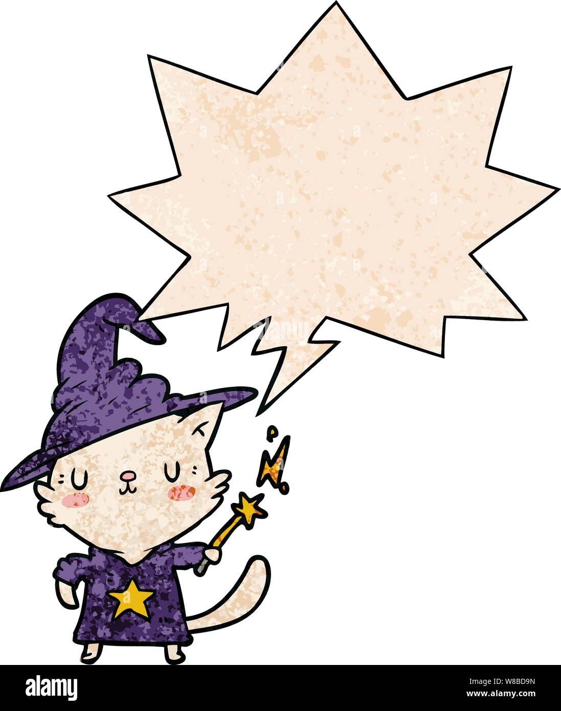 magical amazing cartoon cat wizard with speech bubble in retro texture ...