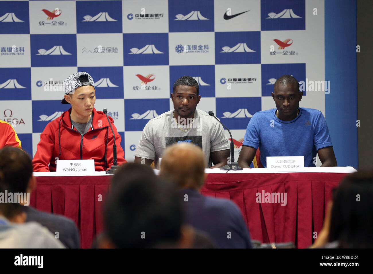 (From left) Chinese long jumper Wang Jianan, American sprinter Justin ...