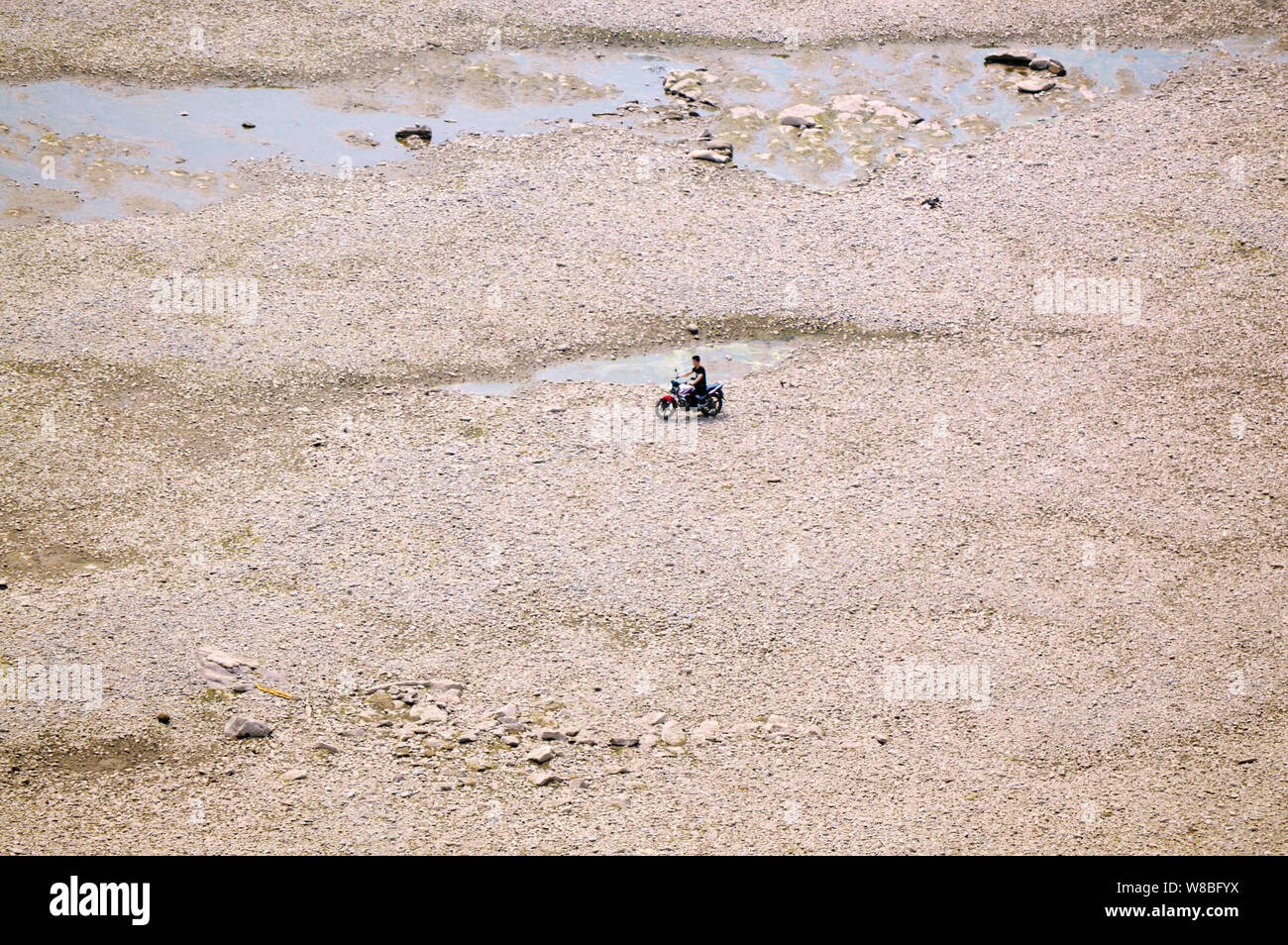 A local resident rides on the exposed riverbed as water levels dropped ...