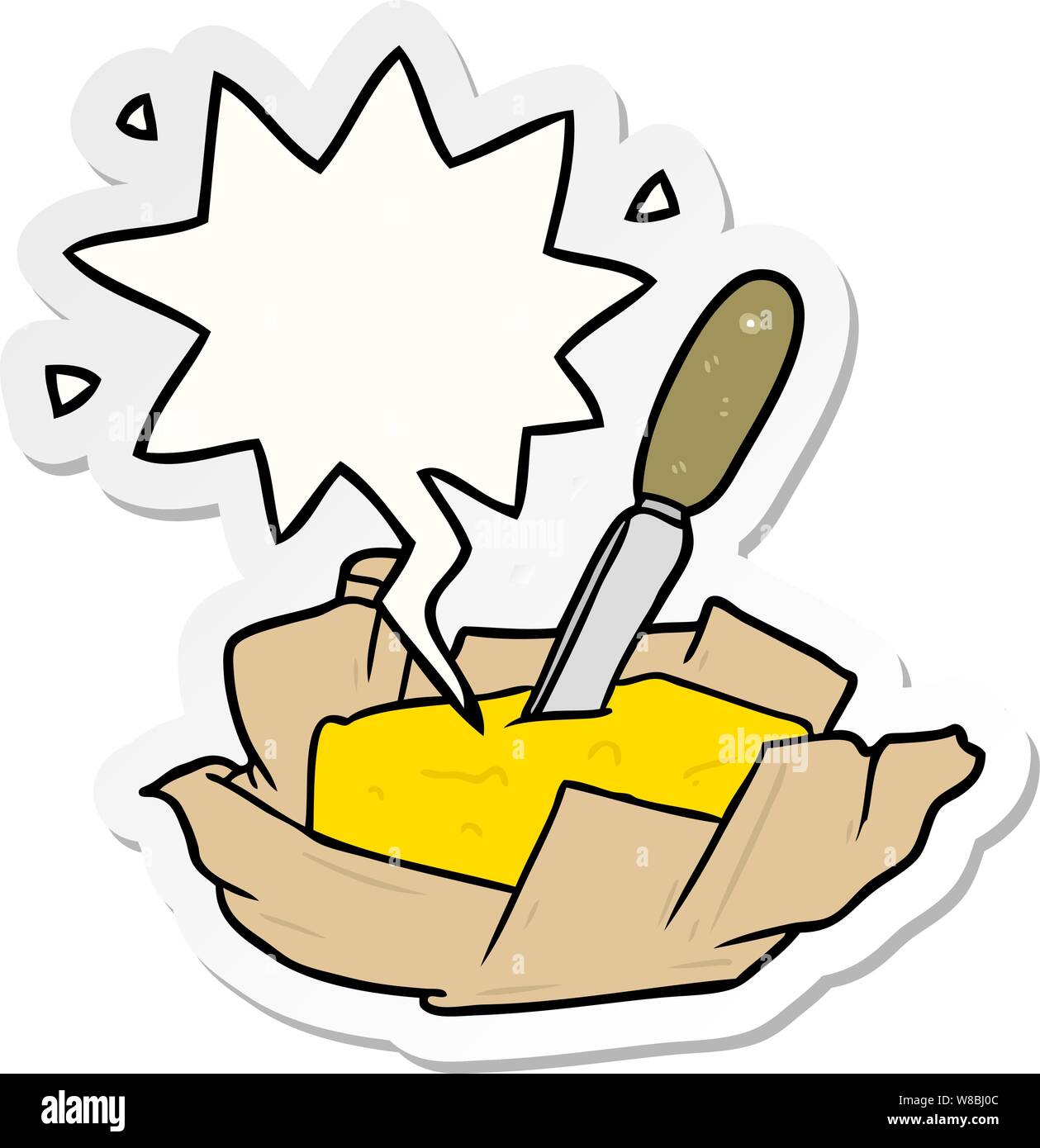 cartoon traditional pat of butter with knife with speech bubble sticker ...