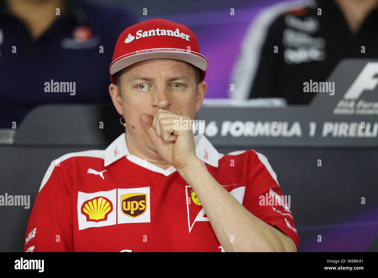 Finnish F1 driver Kimi Raikkonen of Ferrari attends a press conference ...