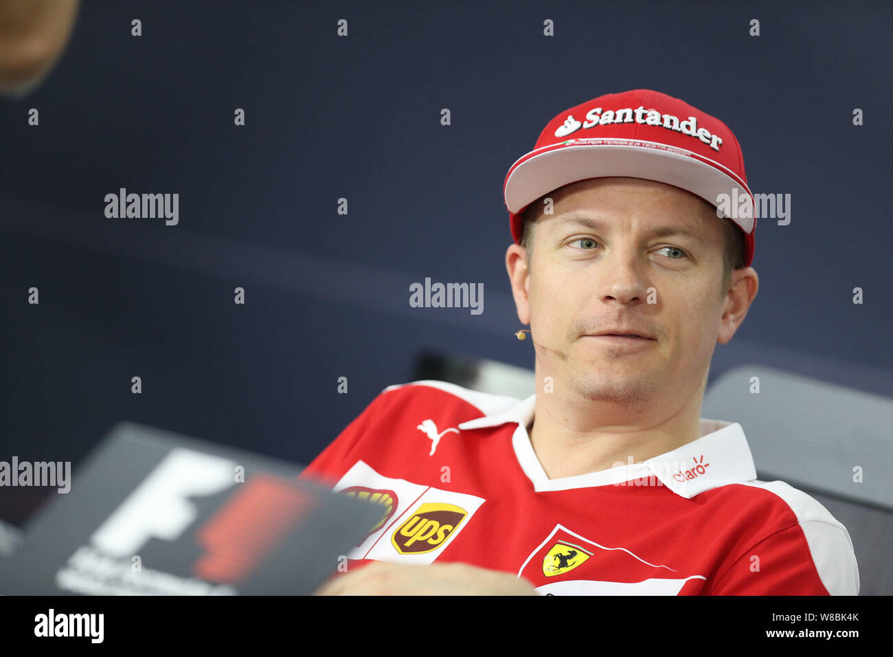 Finnish F1 driver Kimi Raikkonen of Ferrari attends a press conference ...